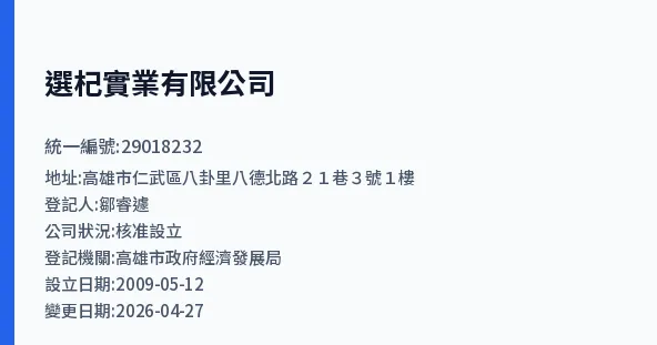 選杞實業有限公司的照片-統編 29018232(高雄市) 公司登記資料與營業項目詳細圖表