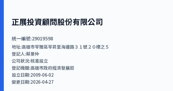 正展投資顧問股份有限公司的照片-統編 29019598(高雄市) 公司登記資料與營業項目詳細圖表