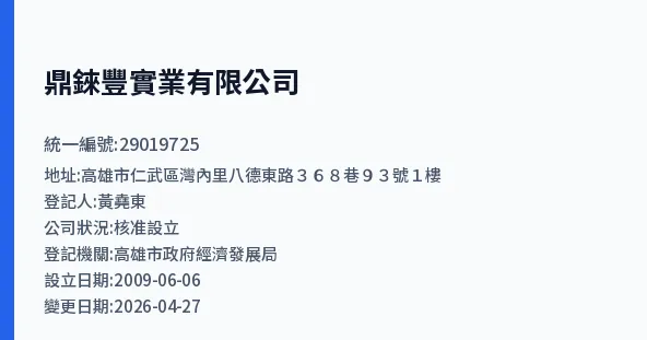 鼎錸豐實業有限公司的照片-統編 29019725(高雄市) 公司登記資料與營業項目詳細圖表