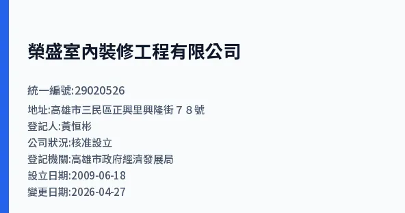 榮盛室內裝修工程有限公司的照片-統編 29020526(高雄市) 公司登記資料與營業項目詳細圖表