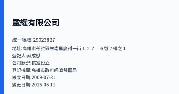 震耀有限公司的照片-統編 29023827(高雄市) 公司登記資料與營業項目詳細圖表