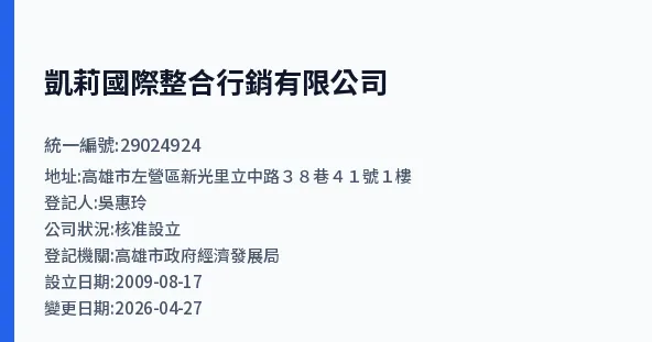凱莉國際整合行銷有限公司的照片-統編 29024924(高雄市) 公司登記資料與營業項目詳細圖表