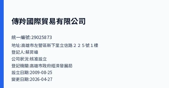 傳羚國際貿易有限公司的照片-統編 29025873(高雄市) 公司登記資料與營業項目詳細圖表