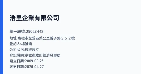 浩里企業有限公司的照片-統編 29028442(高雄市) 公司登記資料與營業項目詳細圖表