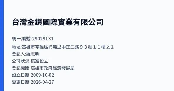 台灣金鑽國際實業有限公司的照片-統編 29029131(高雄市) 公司登記資料與營業項目詳細圖表