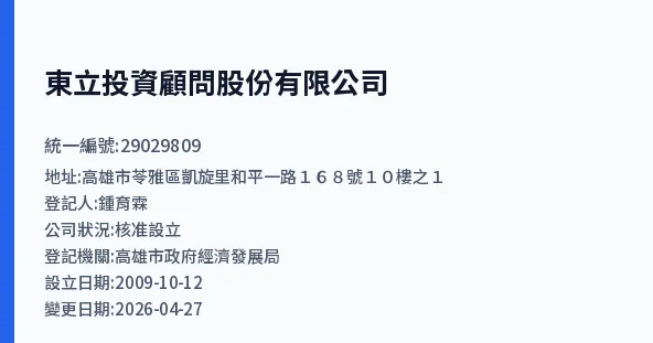 東立投資顧問股份有限公司的照片-統編 29029809(高雄市) 公司登記資料與營業項目詳細圖表