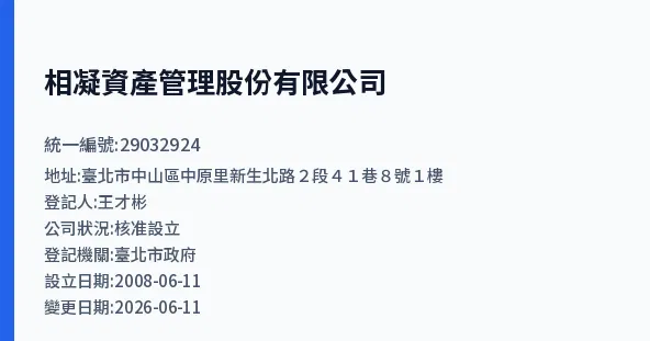 相凝資產管理股份有限公司的照片-統編 29032924(臺北市) 公司登記資料與營業項目詳細圖表