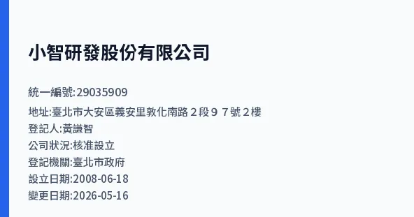 小智研發股份有限公司的照片-統編 29035909(臺北市) 公司登記資料與營業項目詳細圖表