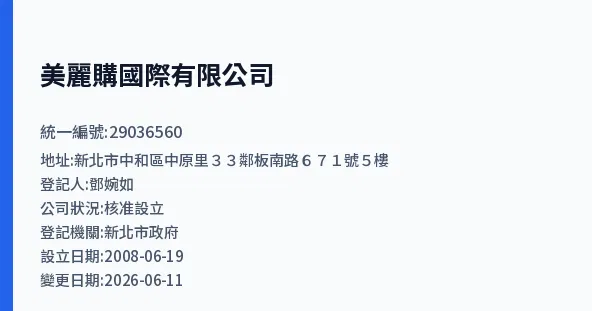美麗購國際有限公司的照片-統編 29036560(新北市) 公司登記資料與營業項目詳細圖表