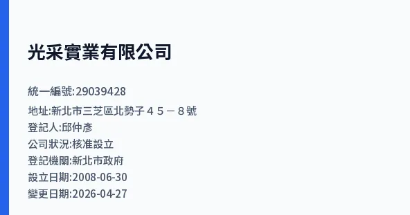 光采實業有限公司的照片-統編 29039428(新北市) 公司登記資料與營業項目詳細圖表