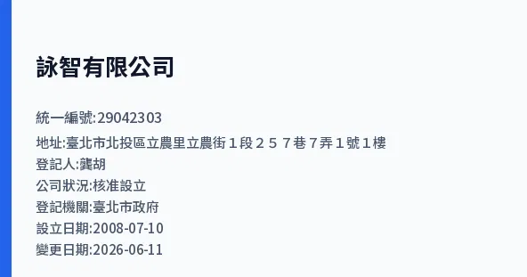 詠智有限公司的照片-統編 29042303(臺北市) 公司登記資料與營業項目詳細圖表
