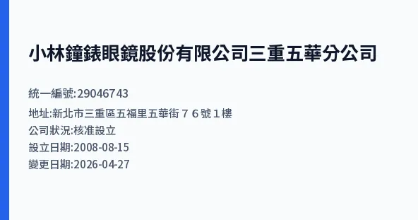 小林鐘錶眼鏡股份有限公司三重五華分公司的照片-統編 29046743(新北市) 公司登記資料與營業項目詳細圖表