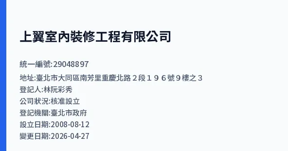 上翼室內裝修工程有限公司的照片-統編 29048897(臺北市) 公司登記資料與營業項目詳細圖表