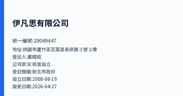 伊凡思有限公司的照片-統編 29049447(桃園市) 公司登記資料與營業項目詳細圖表