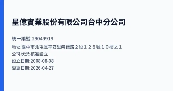 星億實業股份有限公司台中分公司的照片-統編 29049919(臺中市) 公司登記資料與營業項目詳細圖表
