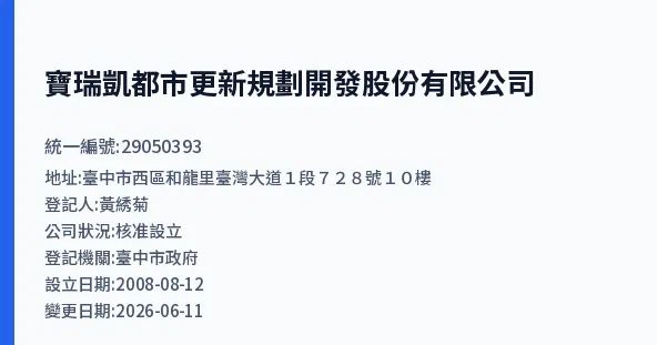 寶瑞凱都市更新規劃開發股份有限公司的照片-統編 29050393(臺中市) 公司登記資料與營業項目詳細圖表