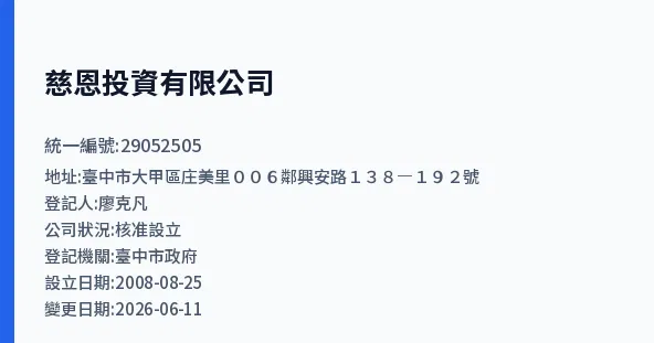 慈恩投資有限公司的照片-統編 29052505(臺中市) 公司登記資料與營業項目詳細圖表