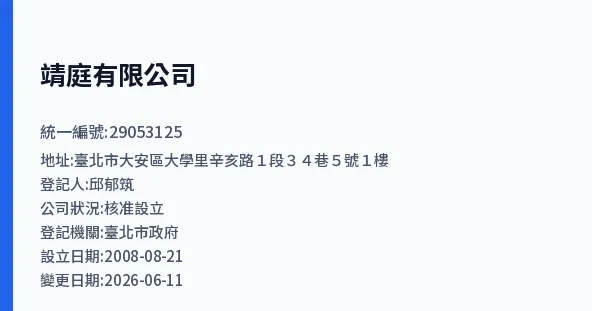 靖庭有限公司的照片-統編 29053125(臺北市) 公司登記資料與營業項目詳細圖表