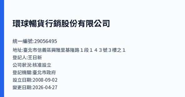 環球暢貨行銷股份有限公司的照片-統編 29056495(臺北市) 公司登記資料與營業項目詳細圖表