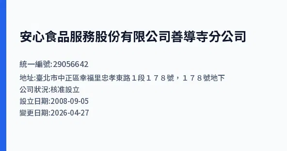 安心食品服務股份有限公司善導寺分公司的照片-統編 29056642(臺北市) 公司登記資料與營業項目詳細圖表