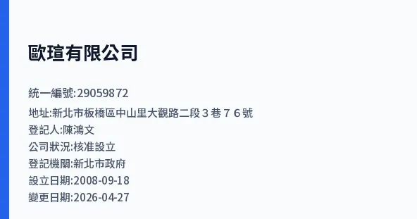 歐瑄有限公司的照片-統編 29059872(新北市) 公司登記資料與營業項目詳細圖表
