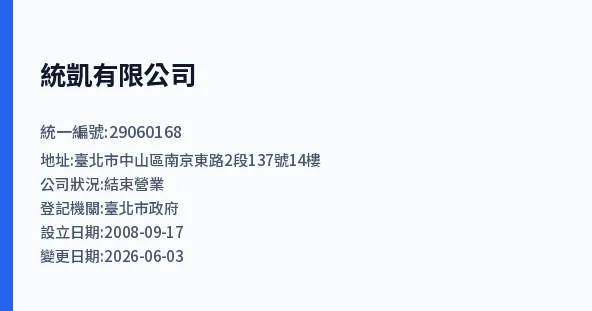 統凱有限公司的照片-統編 29060168(臺北市) 公司登記資料與營業項目詳細圖表