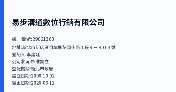易步溝通數位行銷有限公司的照片-統編 29061363(新北市) 公司登記資料與營業項目詳細圖表