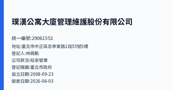 璞漢公寓大廈管理維護股份有限公司的照片-統編 29061552(臺北市) 公司登記資料與營業項目詳細圖表