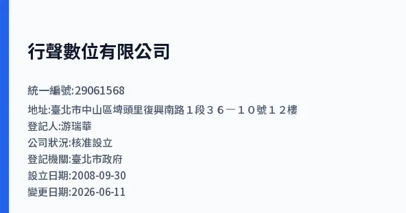 行聲數位有限公司的照片-統編 29061568(臺北市) 公司登記資料與營業項目詳細圖表