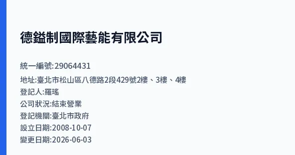 德鎰制國際藝能有限公司的照片-統編 29064431(臺北市) 公司登記資料與營業項目詳細圖表