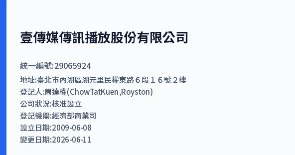 壹傳媒傳訊播放股份有限公司的照片-統編 29065924(臺北市) 公司登記資料與營業項目詳細圖表