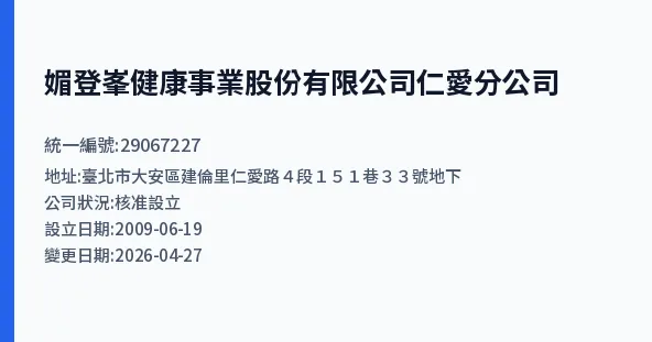 媚登峯健康事業股份有限公司仁愛分公司的照片-統編 29067227(臺北市) 公司登記資料與營業項目詳細圖表
