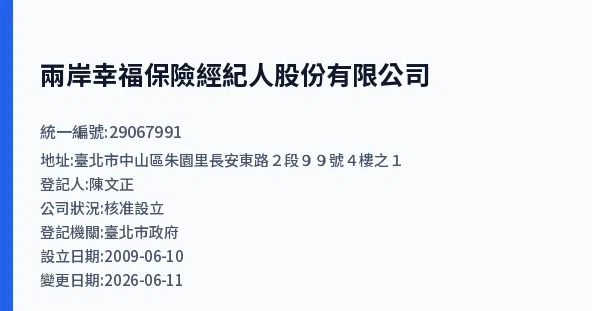 兩岸幸福保險經紀人股份有限公司的照片-統編 29067991(臺北市) 公司登記資料與營業項目詳細圖表