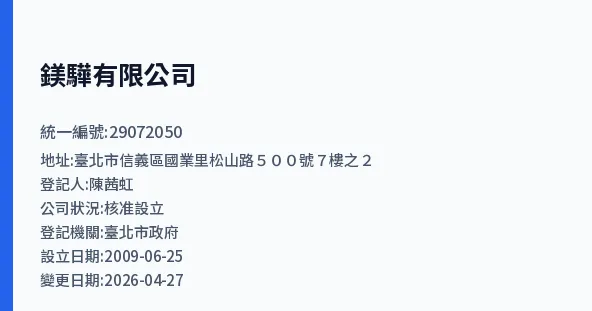 鎂驊有限公司的照片-統編 29072050(臺北市) 公司登記資料與營業項目詳細圖表