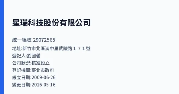 星瑞科技股份有限公司的照片-統編 29072565(新竹市) 公司登記資料與營業項目詳細圖表