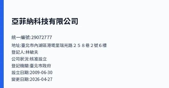 亞菲納科技有限公司的照片-統編 29072777(臺北市) 公司登記資料與營業項目詳細圖表