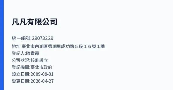 凡凡有限公司的照片-統編 29073229(臺北市) 公司登記資料與營業項目詳細圖表