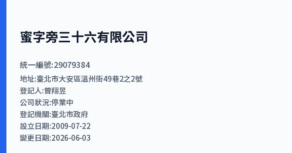 蜜字旁三十六有限公司的照片-統編 29079384(臺北市) 公司登記資料與營業項目詳細圖表