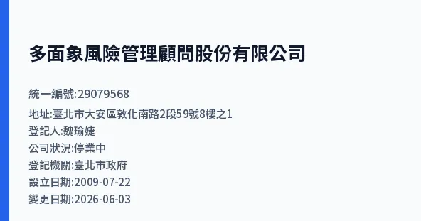 多面象風險管理顧問股份有限公司的照片-統編 29079568(臺北市) 公司登記資料與營業項目詳細圖表