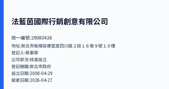 法藍茵國際行銷創意有限公司的照片-統編 29080426(新北市) 公司登記資料與營業項目詳細圖表