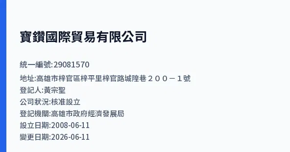 寶鑽國際貿易有限公司的照片-統編 29081570(高雄市) 公司登記資料與營業項目詳細圖表