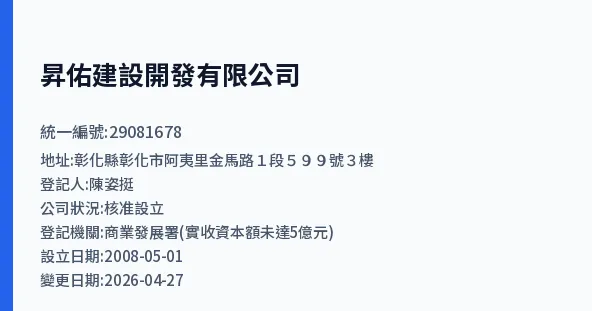 昇佑建設開發有限公司的照片-統編 29081678(彰化縣) 公司登記資料與營業項目詳細圖表