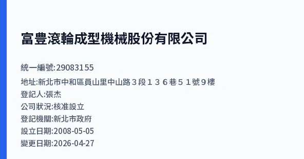 富豊滾輪成型機械股份有限公司的照片-統編 29083155(新北市) 公司登記資料與營業項目詳細圖表
