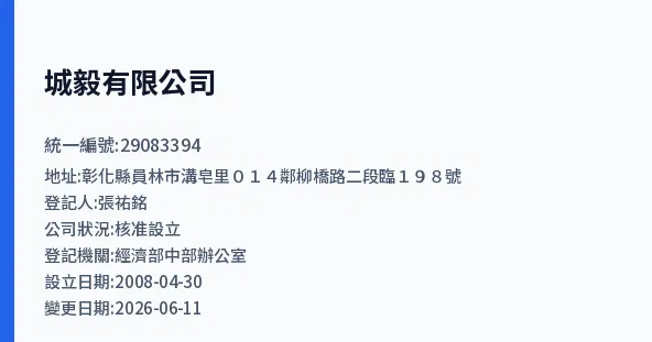城毅有限公司的照片-統編 29083394(彰化縣) 公司登記資料與營業項目詳細圖表