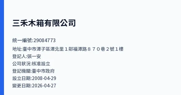 三禾木箱有限公司的照片-統編 29084773(臺中市) 公司登記資料與營業項目詳細圖表