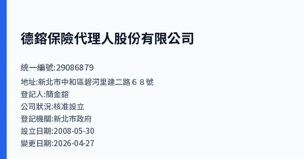 德鎔保險代理人股份有限公司的照片-統編 29086879(新北市) 公司登記資料與營業項目詳細圖表