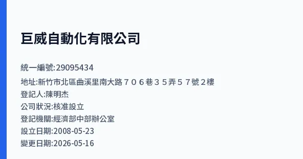 巨威自動化有限公司的照片-統編 29095434(新竹市) 公司登記資料與營業項目詳細圖表