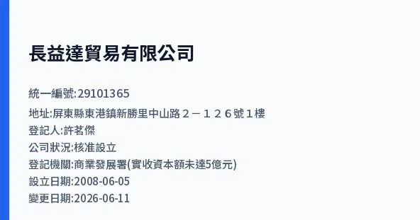 長益達貿易有限公司的照片-統編 29101365(屏東縣) 公司登記資料與營業項目詳細圖表
