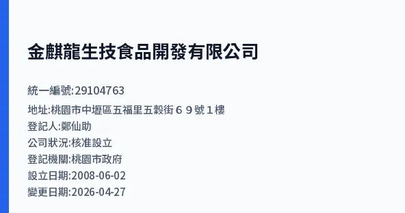 金麒龍生技食品開發有限公司的照片-統編 29104763(桃園市) 公司登記資料與營業項目詳細圖表
