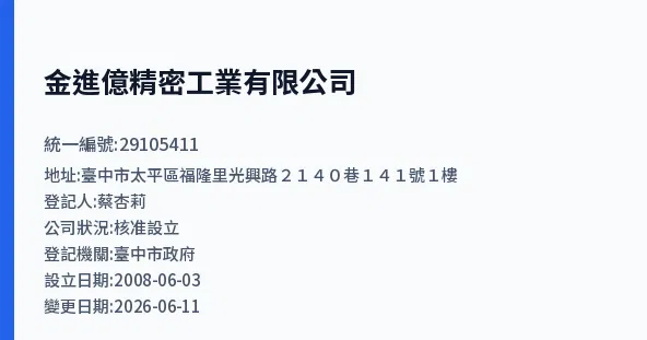 金進億精密工業有限公司的照片-統編 29105411(臺中市) 公司登記資料與營業項目詳細圖表